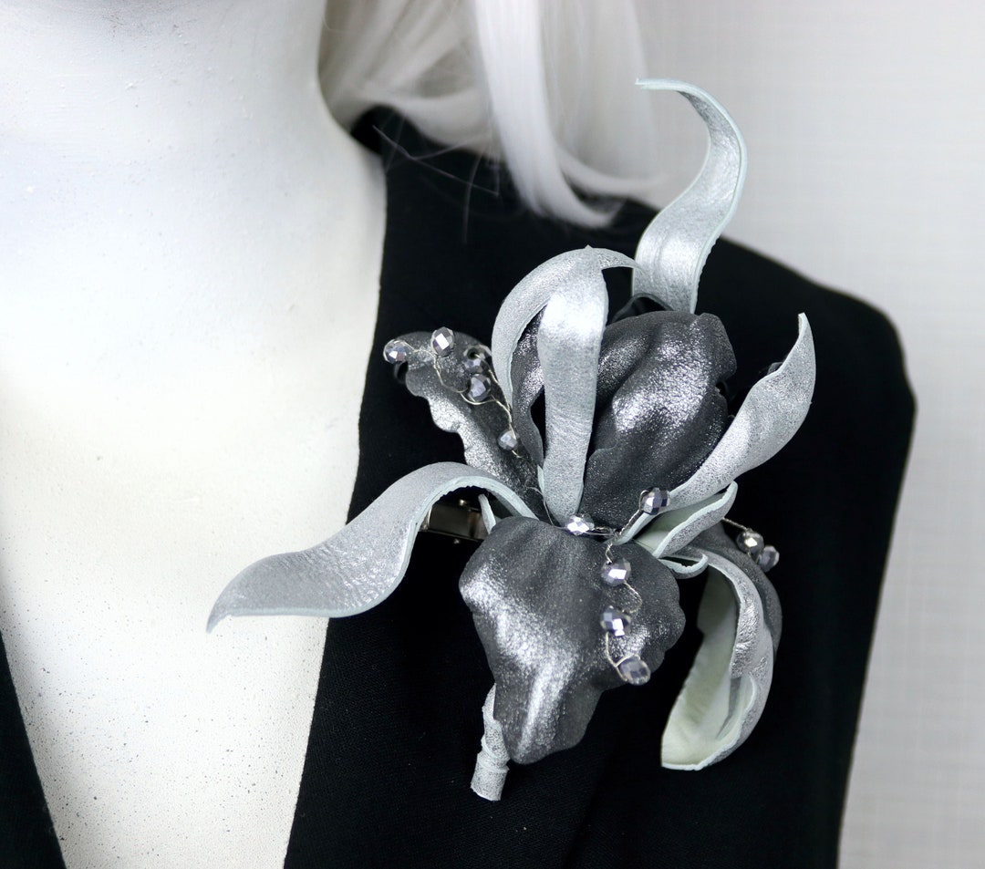 Metallic Leather Iris Flower Brooch/hairclip, Real Leather Pin, Floral ...