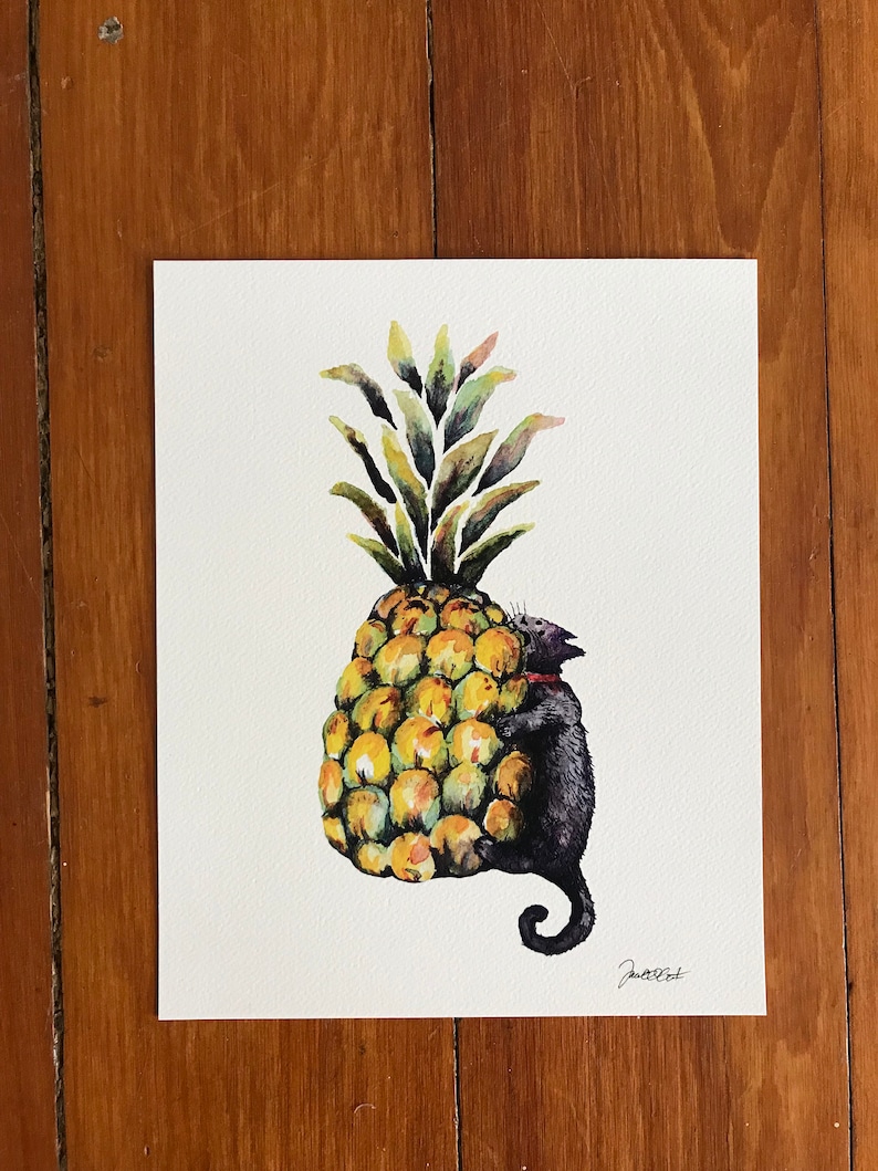 Cat Meets Pineapple Watercolor Illustration, Cat Art, Print, Funny Cat ...