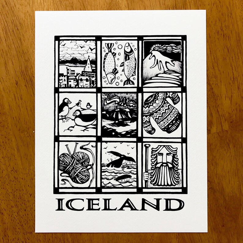 Print of Iceland Travel Poster Ink Drawing, Iceland Souvenir, Iceland ...