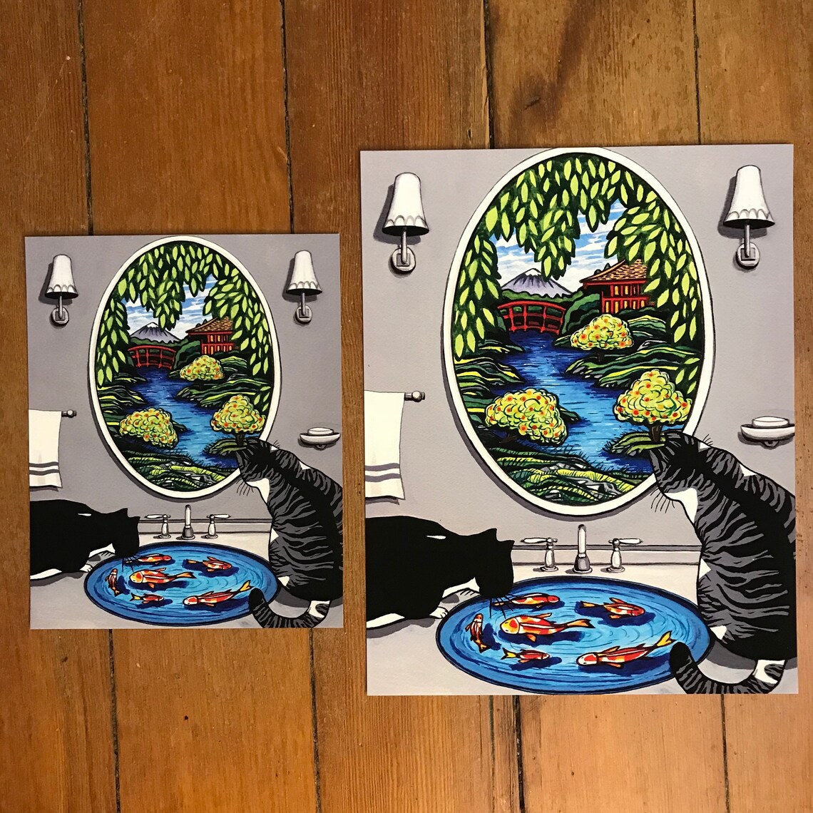 Cats and Koi Pond Painting Illustration Japanese Garden Cats - Etsy