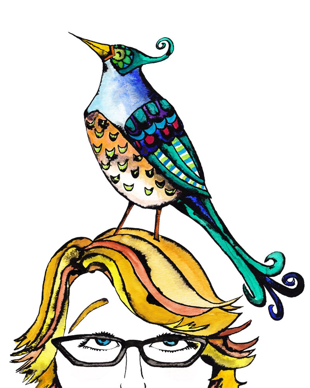 Colorful Bird Perching on My Head Painting Ink & Watercolor - Etsy