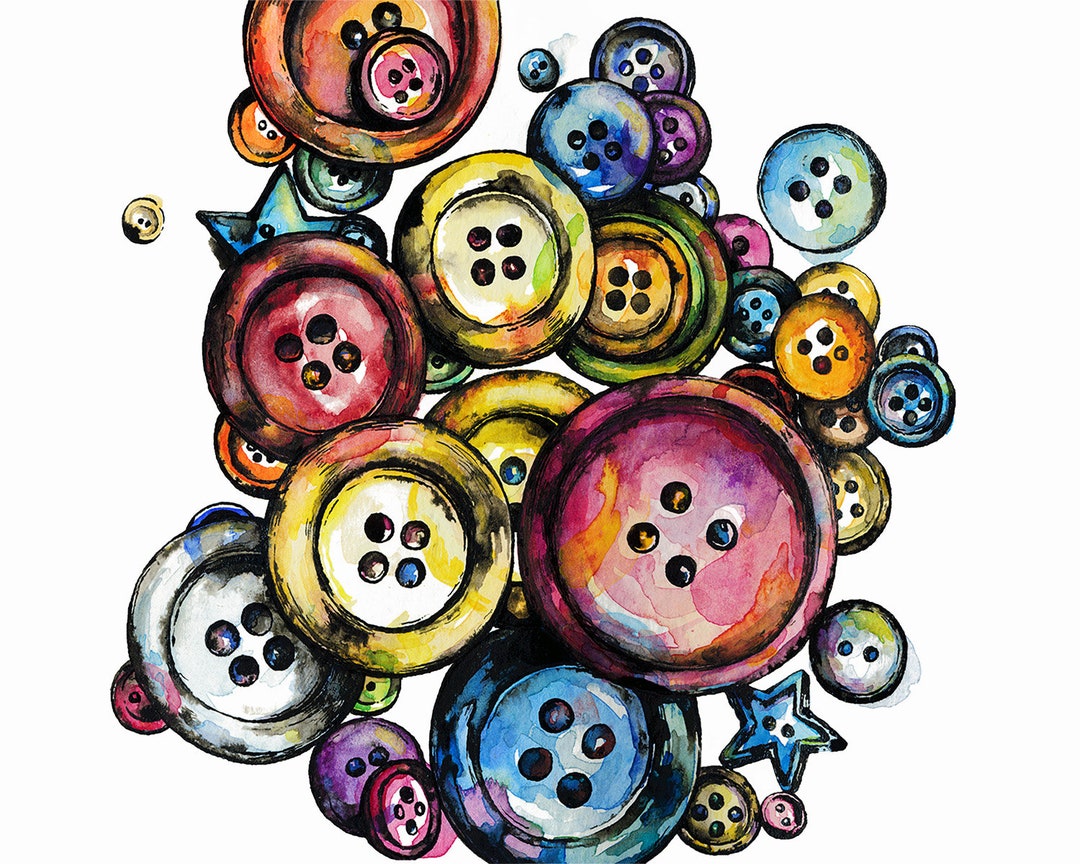 Print of Buttons Watercolor Illustration, Button Painting, Colorful ...