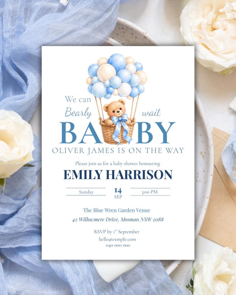 Teddy Bear Baby Shower Invitation, Blue Baby Shower Invite, We Can ...