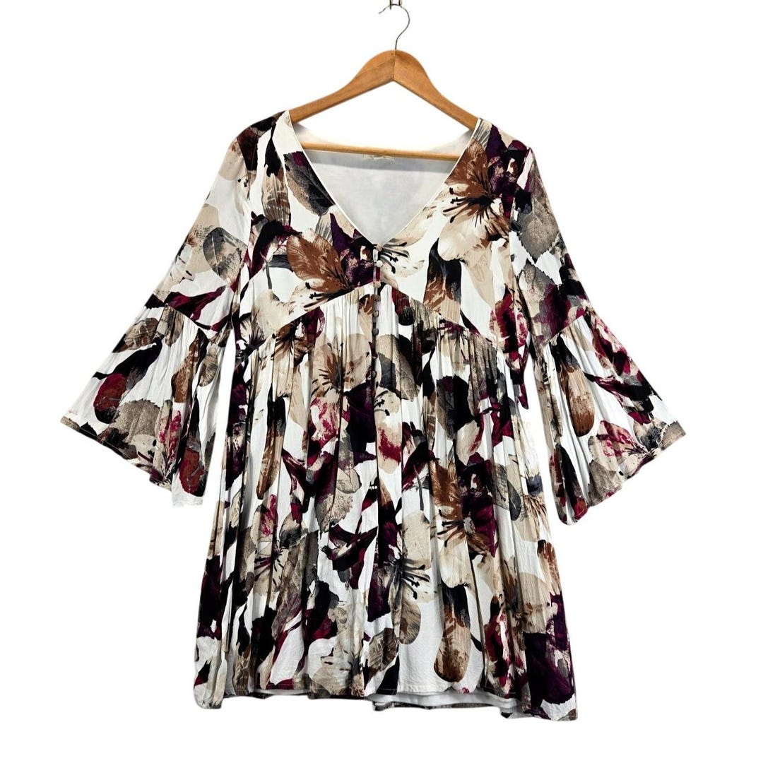 Boho Floral Mini Dress Full Cut High Waist Bell Sleeves Sz L by Entro ...