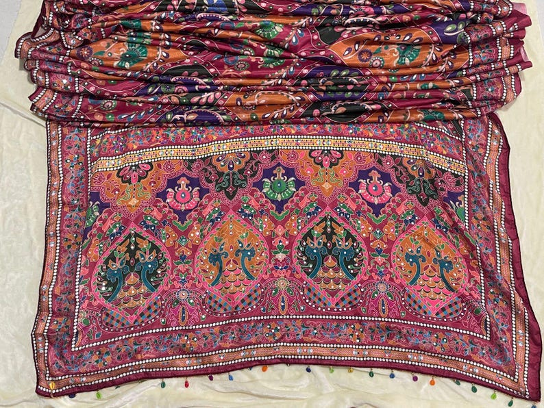 Roman Silk With Position Print and Real Mirror Work Saree, Indian ...