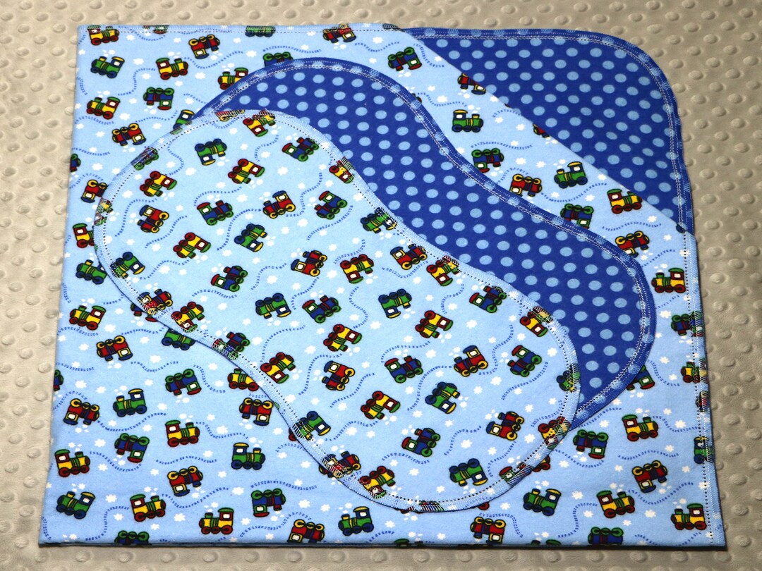 Hemstitched Flannel Baby Blanket and 2 Burp Cloths Kit Trains and Dots ...