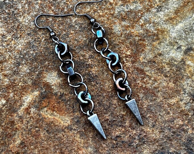 Fire Kissed Hex Nut and Gun Metal Spike Earrings - Hardware Jewelry ...