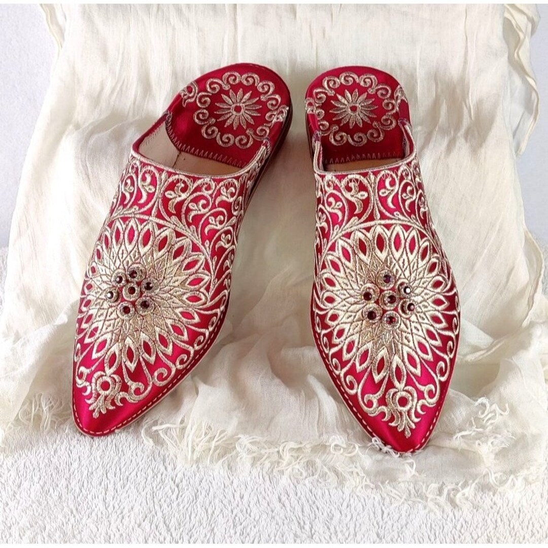 Moroccan Boutalha Wedding Slipper Mule Red Satin Gold Embroidery ...