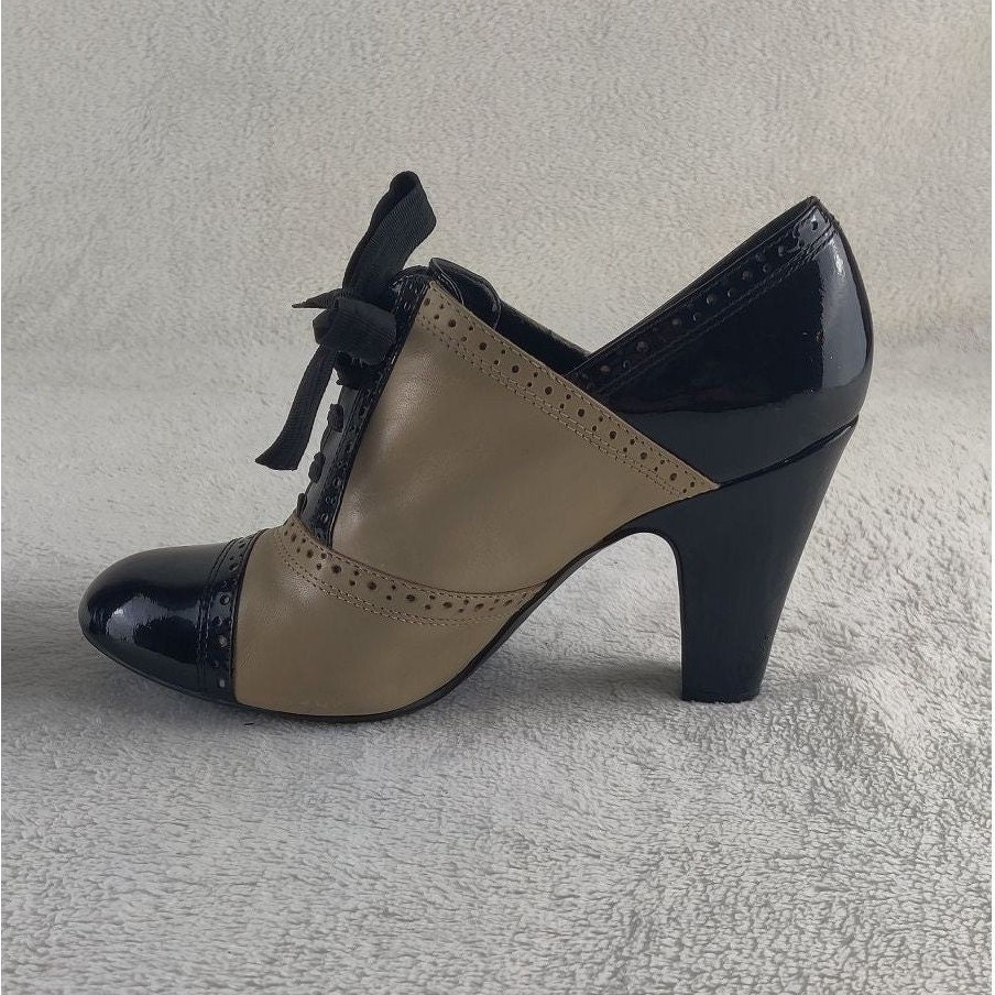 Saddle Shoe, Two Toned Black Patent & Tan Leather, Spectator Shoe, Co ...