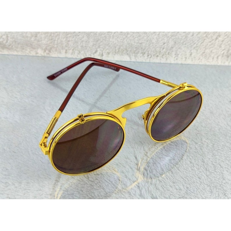Round Flip-up Sunglasses Gold Frames Top Brown Lenses Clear Under Lens ...