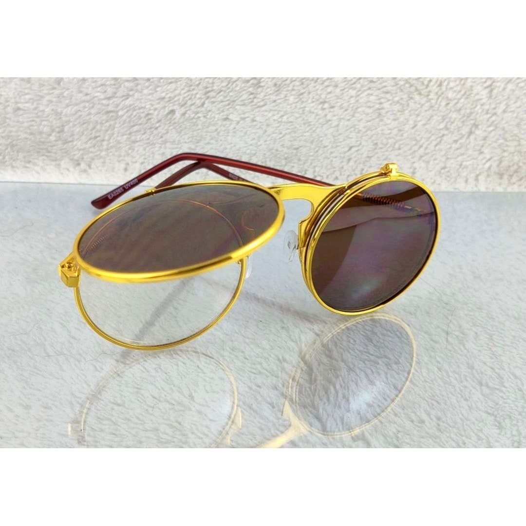 Round Flip-up Sunglasses Gold Frames Top Brown Lenses Clear Under Lens ...
