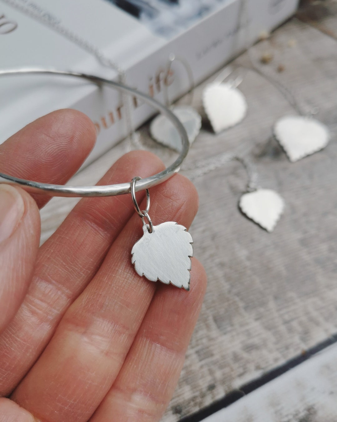 Birch Leaf Charm Bangle - Solid Silver or Brass. Handmade to Order ...