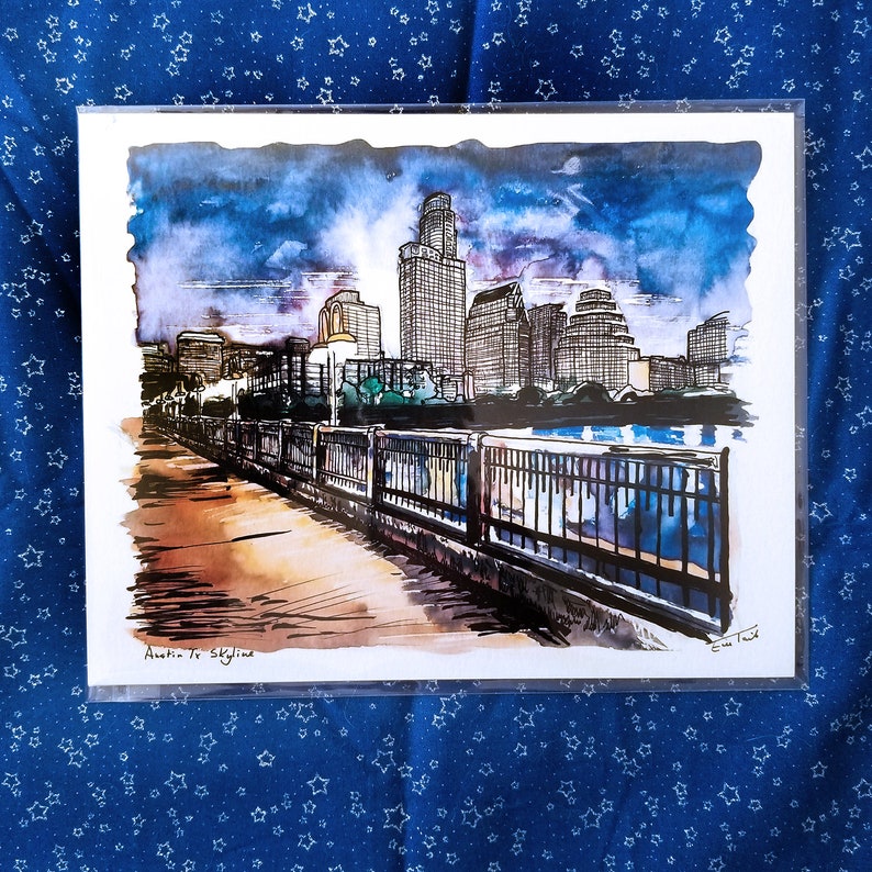 Austin Texas Night Skyline Ink Sketched Watercolor Paper Print 8" X 10 ...
