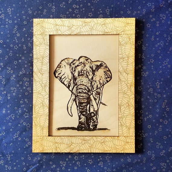 Elephant Sketched Etching Bodhi Leaves Wood Print and Frame | Etsy