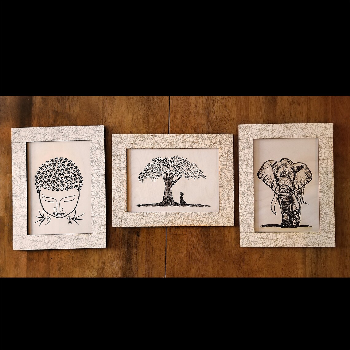 Elephant Sketched Etching Bodhi Leaves Wood Print and Frame Laser ...