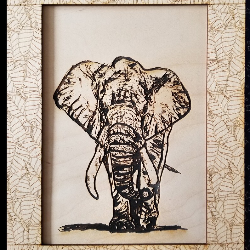 Elephant Sketched Etching Bodhi Leaves Wood Print and Frame Laser ...