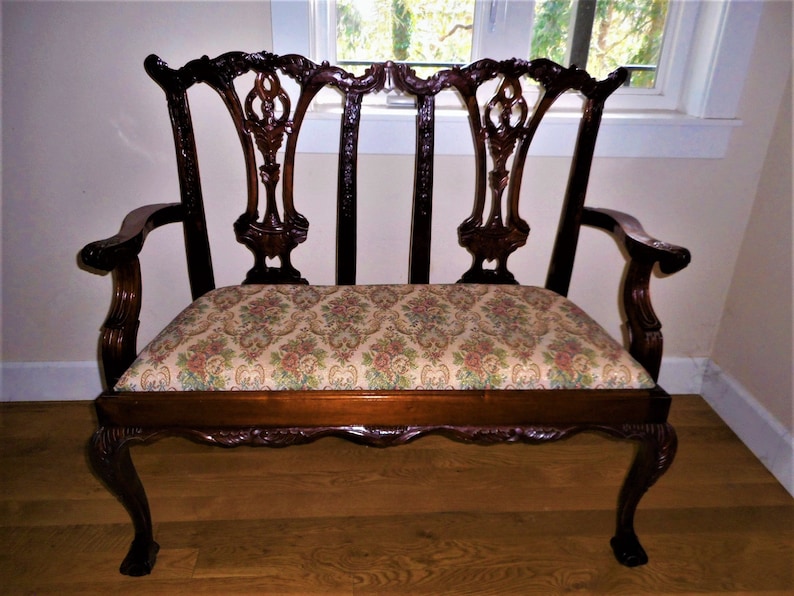 Ornate Chippendale Hearth Hall Carved Mahogany Tapestry Upholstered ...