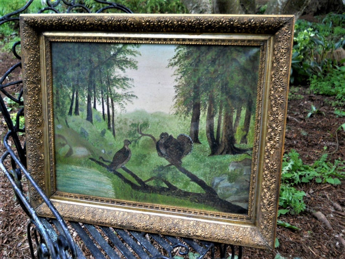 Antique Landscape Painting Grouse Mating Dance French Country | Etsy