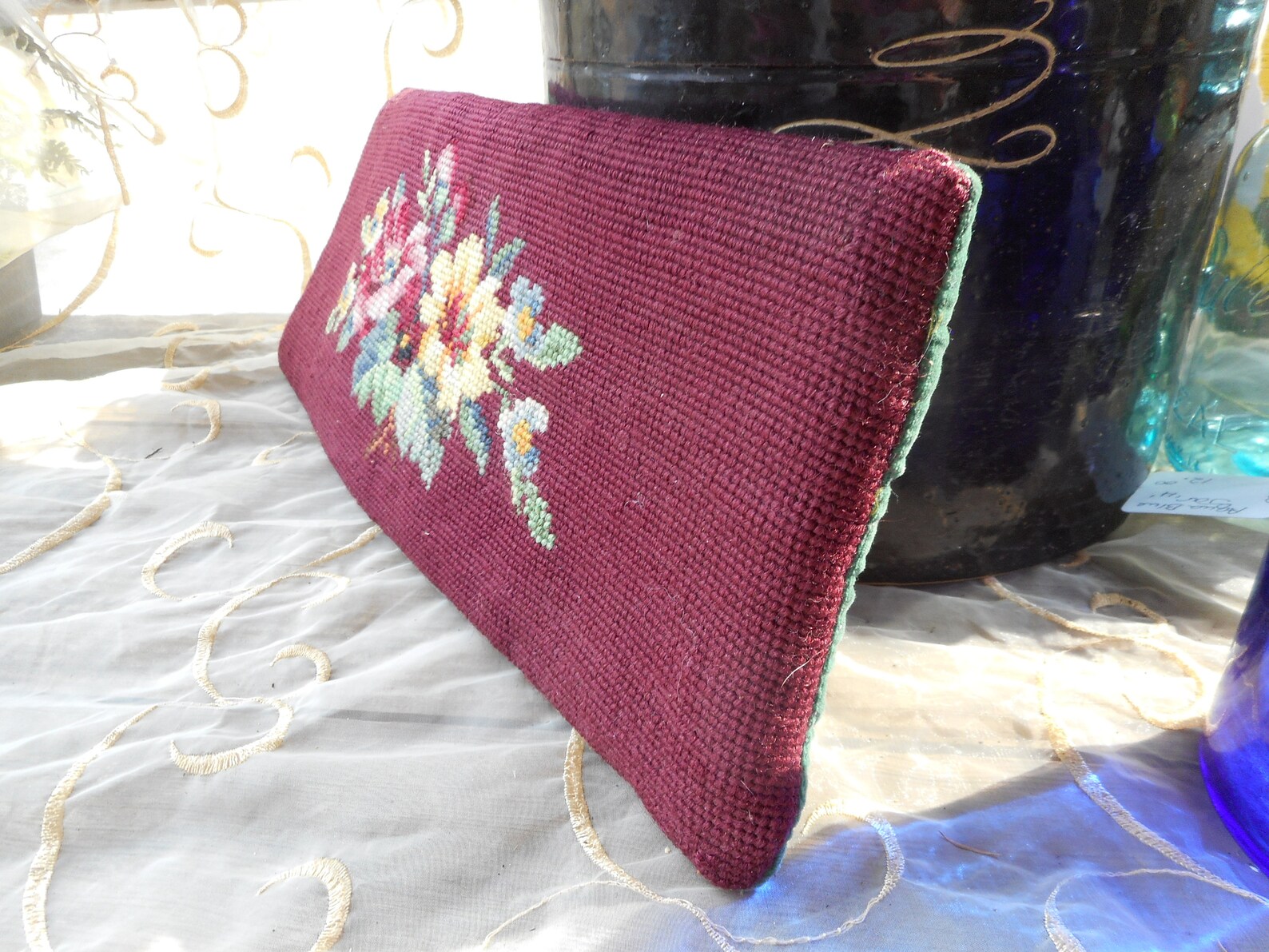 Vintage Victorian Petite Point Burgundy Red Green Velvet Presentation ...