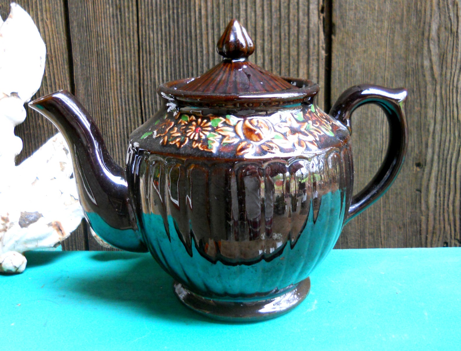 Vintage 1940s English Bistro Cottage Redware Floral Brown Pottery ...