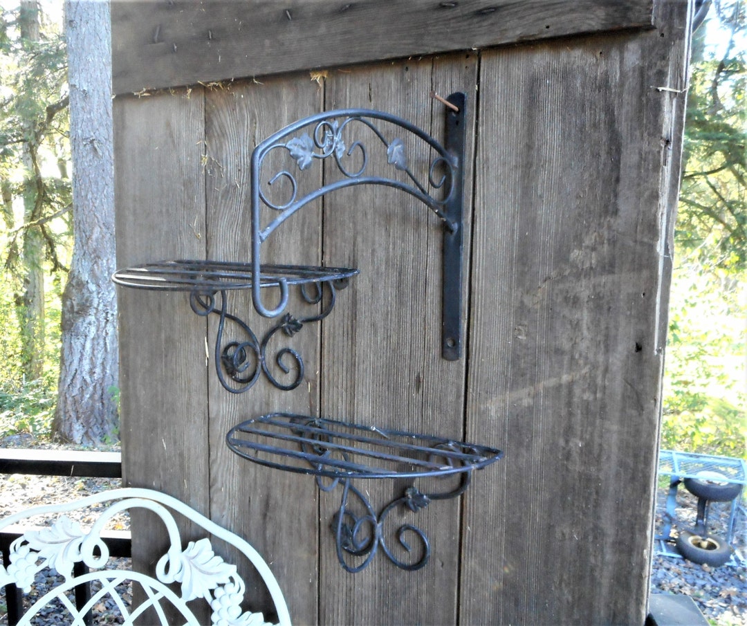 Vintage Garden Rustic Black Iron Ivy Planter Wall Shelf Pair & Hanging ...