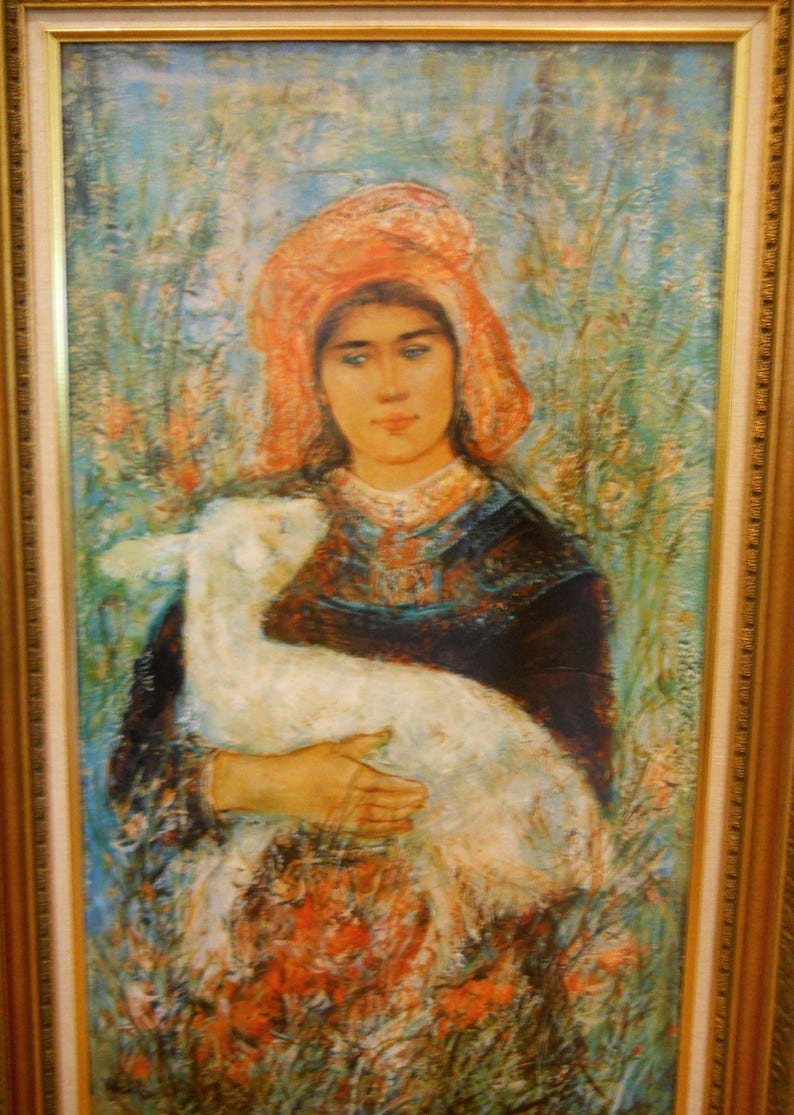 Rare 1980s Large Portrait Landscape Early Edna Hibel Lamb of Knossos ...