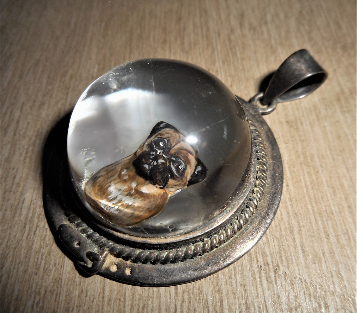 Stunning Reverse Painted Pug Dog Essex Crystal Bubble Pendant Intaglio ...