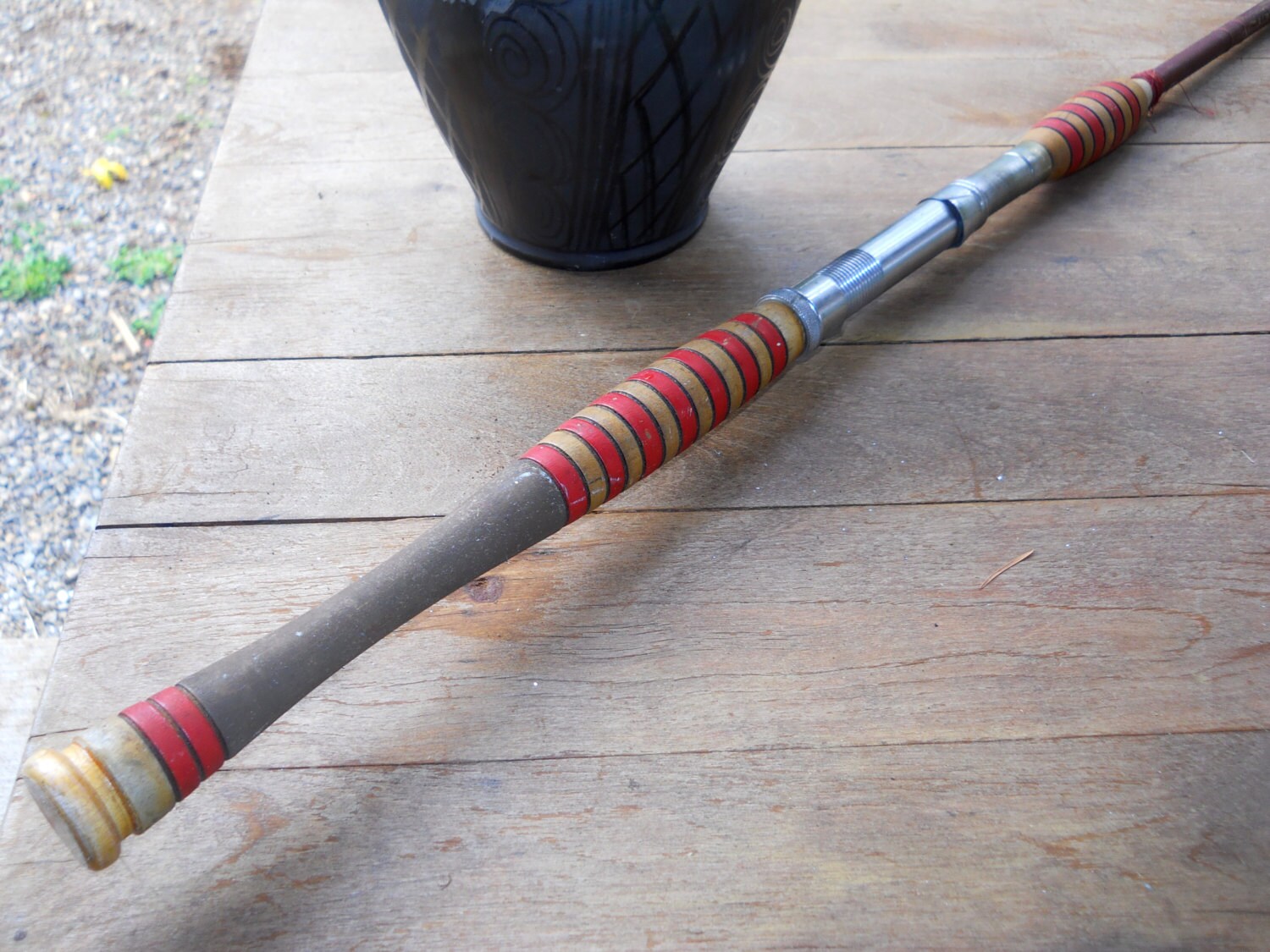 Vintage 1940s Fishing Rod Wood Red Striped Primitive Farmhouse ...