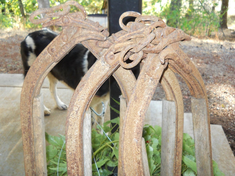 One Antique Rustic Iron Cattle Cow Stanchion Iron Wood Garden Wall Rack ...