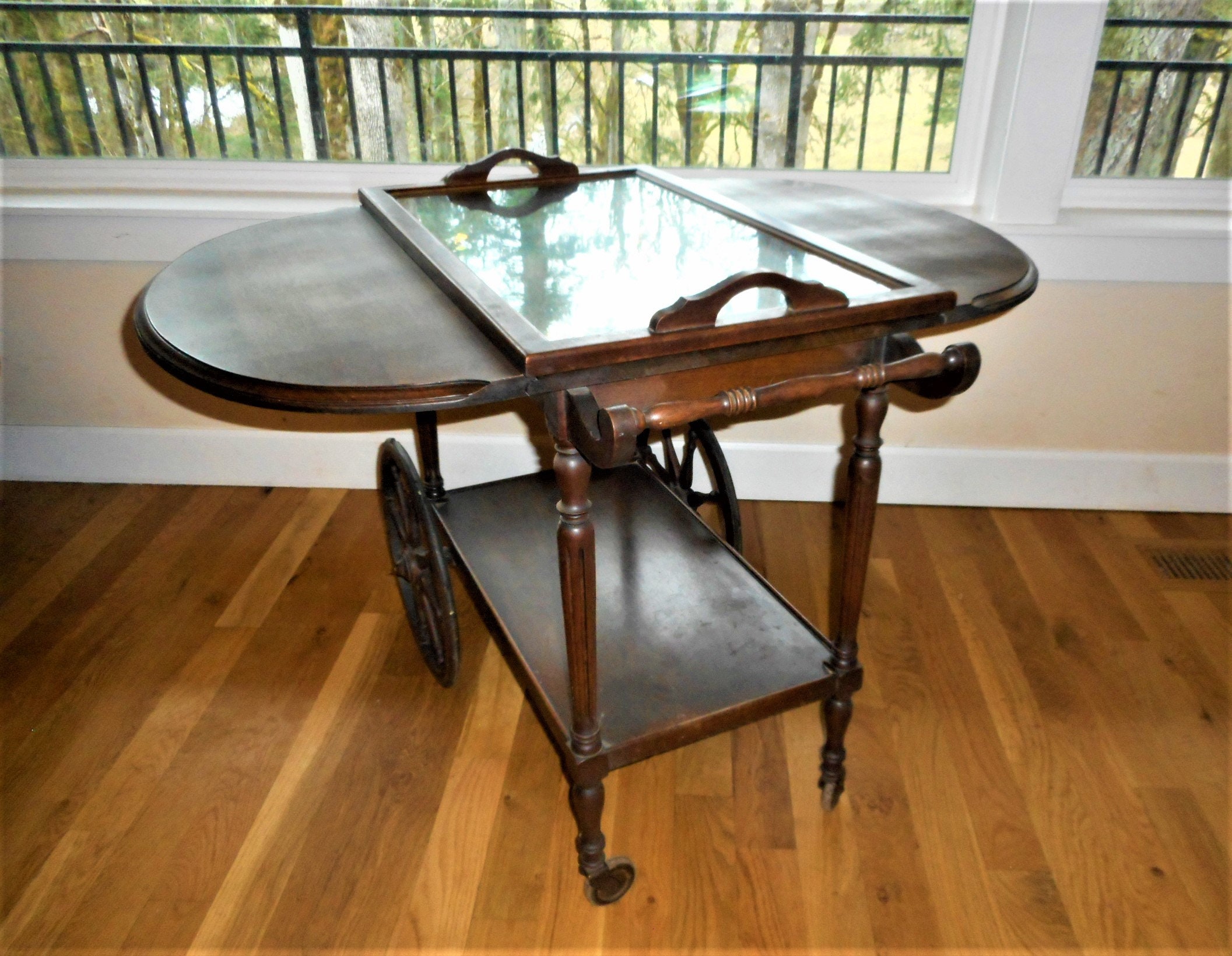 Antique Mahogany Wood Tea Cart Dropleaf Trolley Serving Bar Cart Server Glass Tray Etsy