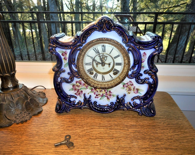 Antique Ornate Cobalt Blue Floral Victorian Porcelain Mantel Parlor ...