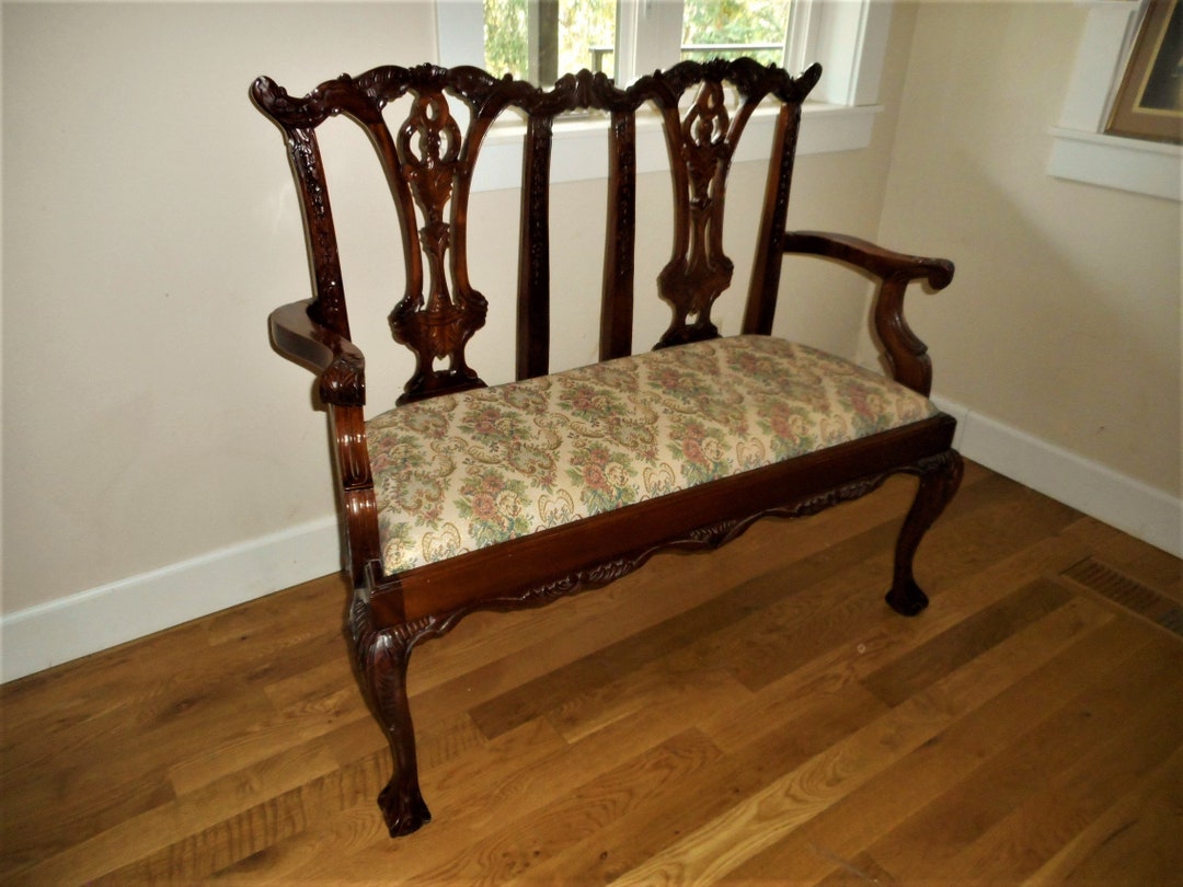 Ornate Chippendale Hearth Hall Carved Mahogany Tapestry Upholstered ...