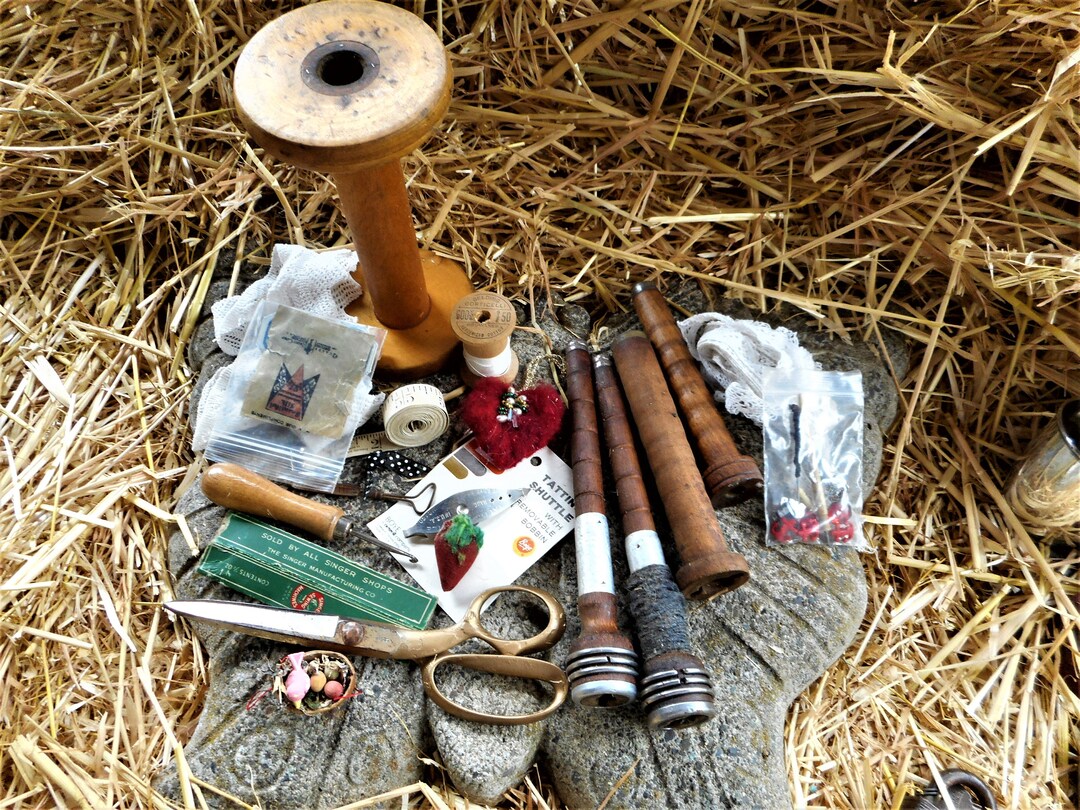 Antique Sewing Collection Lot Notions Weaving Wood Bobbin Spools ...