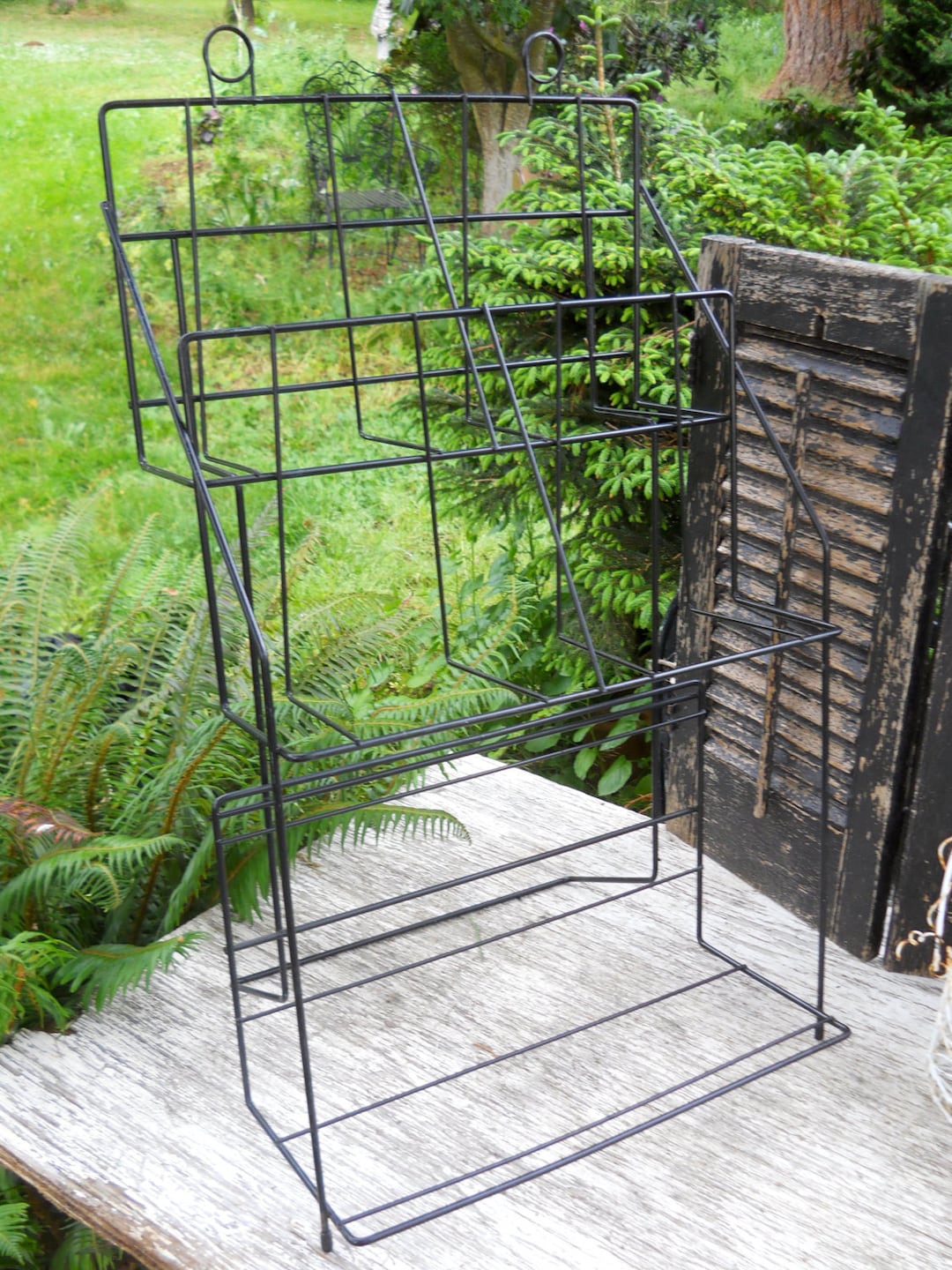 Vintage 1960s Industrial Black Metal Wire Wall Display Book Rack Mid ...