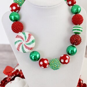 PEPPERMINT SWIRL Christmas Statement Necklace, Chunky Bracelet, Red & Green Beads, Child or ...