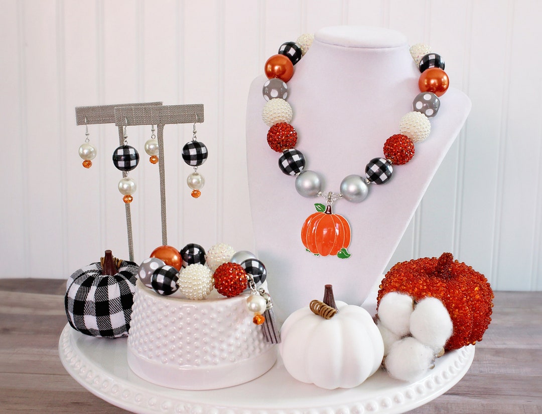 BUFFALO PLAID PUMPKIN Necklace, Fall Statement Necklace, Black Ivory ...