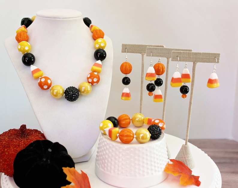 CANDY CORN Chunky Necklace, Halloween Jewelry, Orange Yellow Black ...