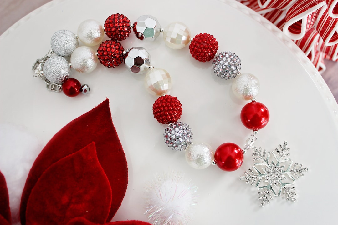 FESTIVE SNOWFLAKE Christmas Necklace, Stretch Bracelet, Red Silver ...