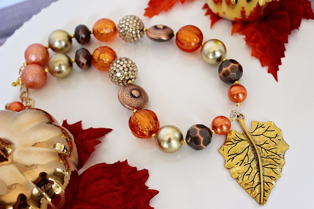 AUTUMN GLOW Fall Statement Necklace, Copper, Orange & Gold Beads, Child ...