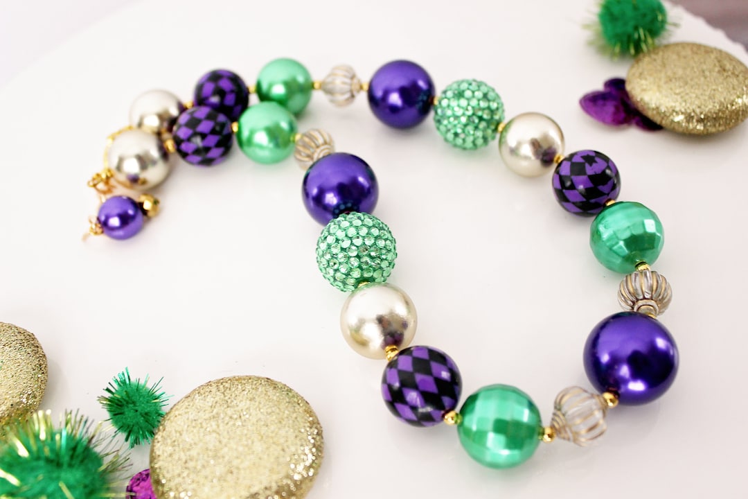 MARDI GRAS BEADS Necklace, Fat Tuesday Chunky Necklace, Purple, Green ...