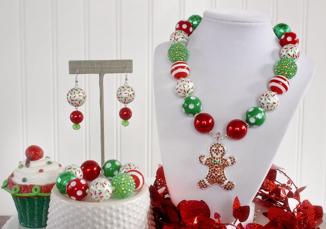 GINGERBREAD SPRINKLES Christmas Necklace, Chunky Bracelet, Red Green ...