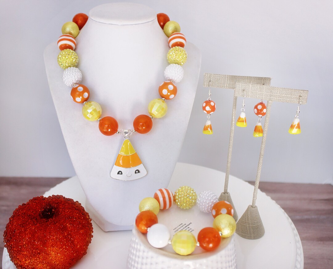 CANDY CORN Halloween Chunky Necklace, Orange & Yellow Beads, Child to ...