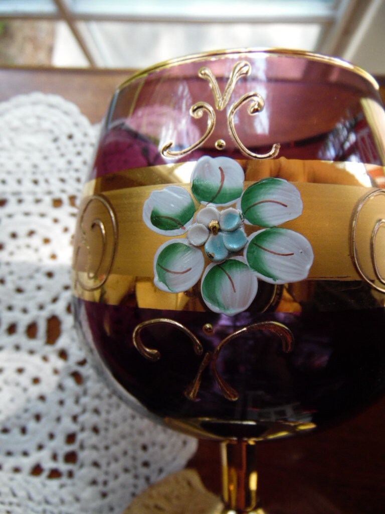 Bohemian Brandy Snifter Heavy Gold Floral Purple Glass Hand Painted ...