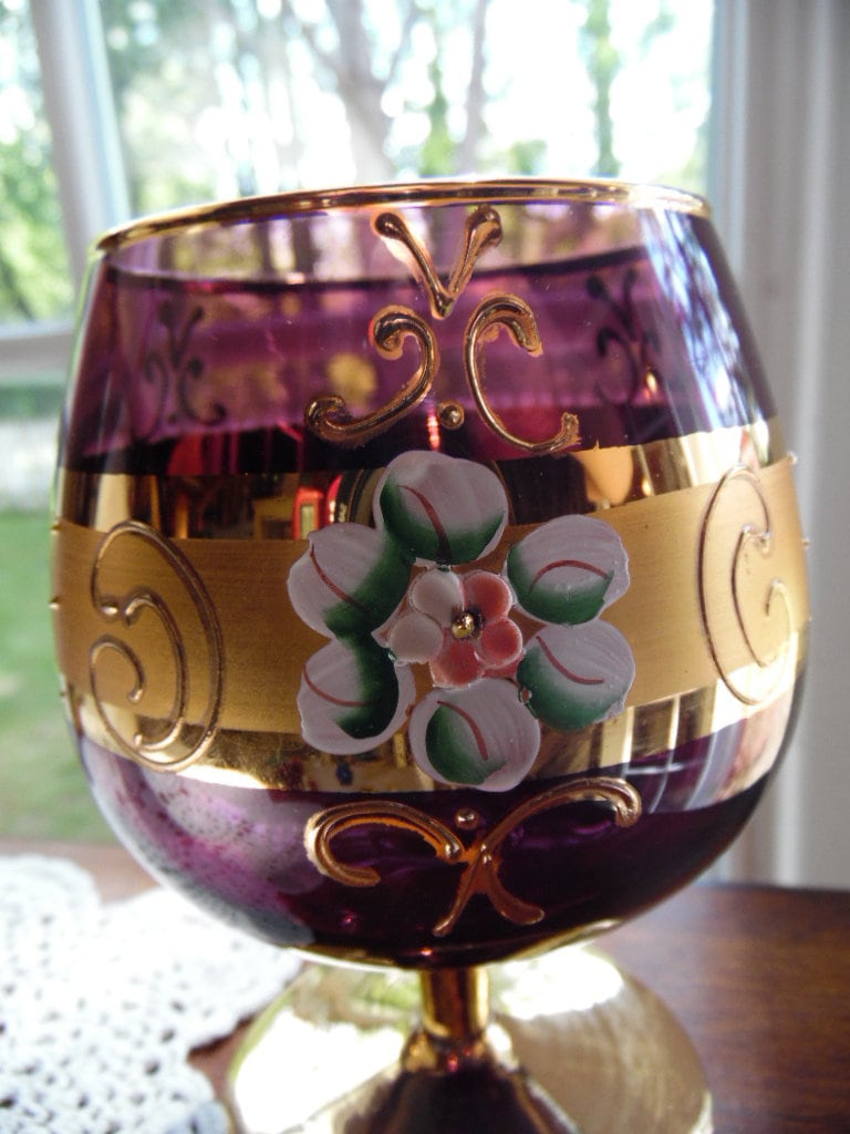 Bohemian Brandy Snifter Heavy Gold Floral Purple Glass Hand Painted ...