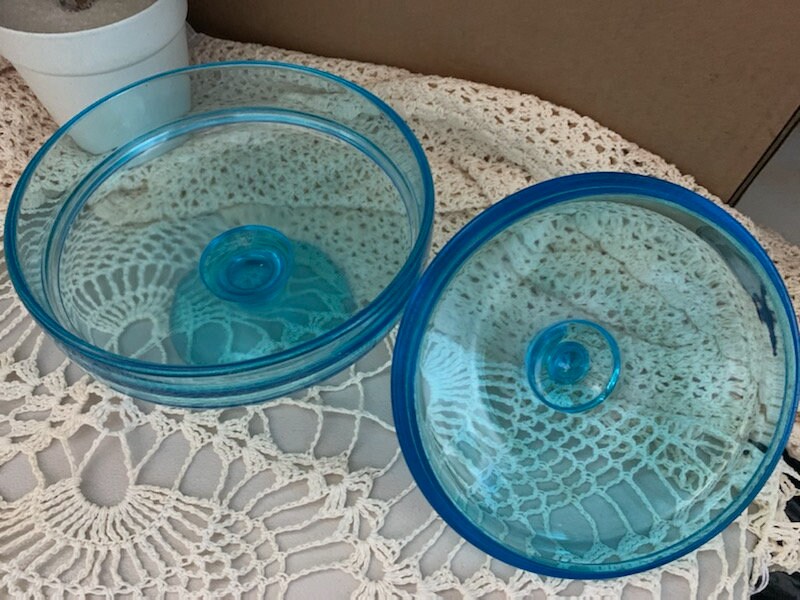 Vintage Fenton Pre Logo Celeste Blue 2pc Footed Candy Dish and Lid FREE ...