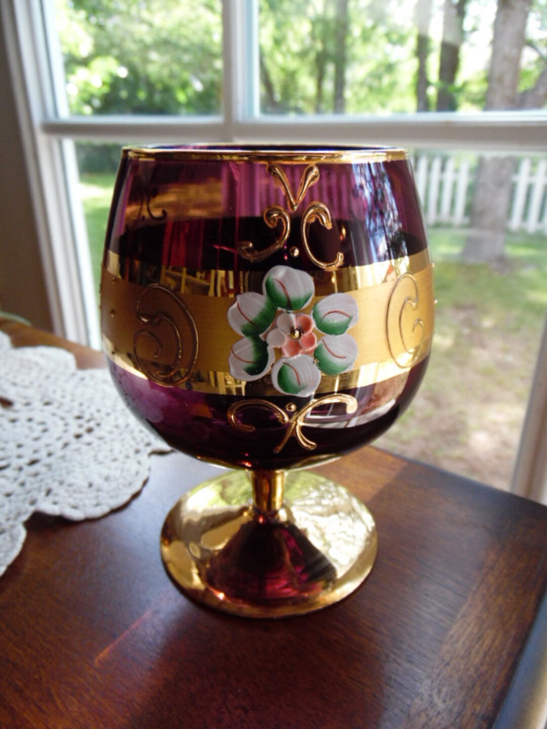 Bohemian Brandy Snifter Heavy Gold Floral Purple Glass Hand Painted ...