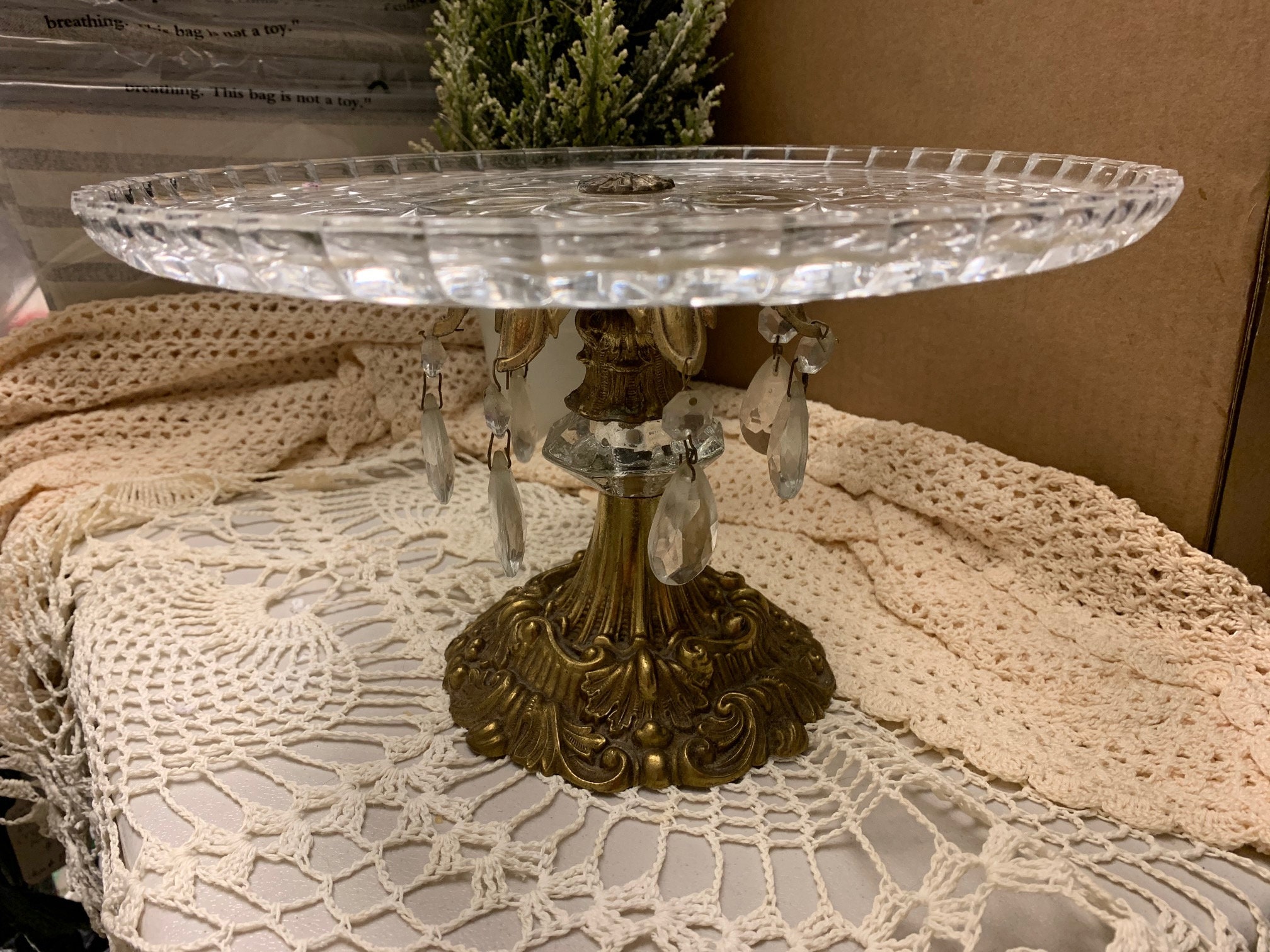Regency Chic Large Cake Stand Plate Stand Crystal Prisms Gold Metal ...