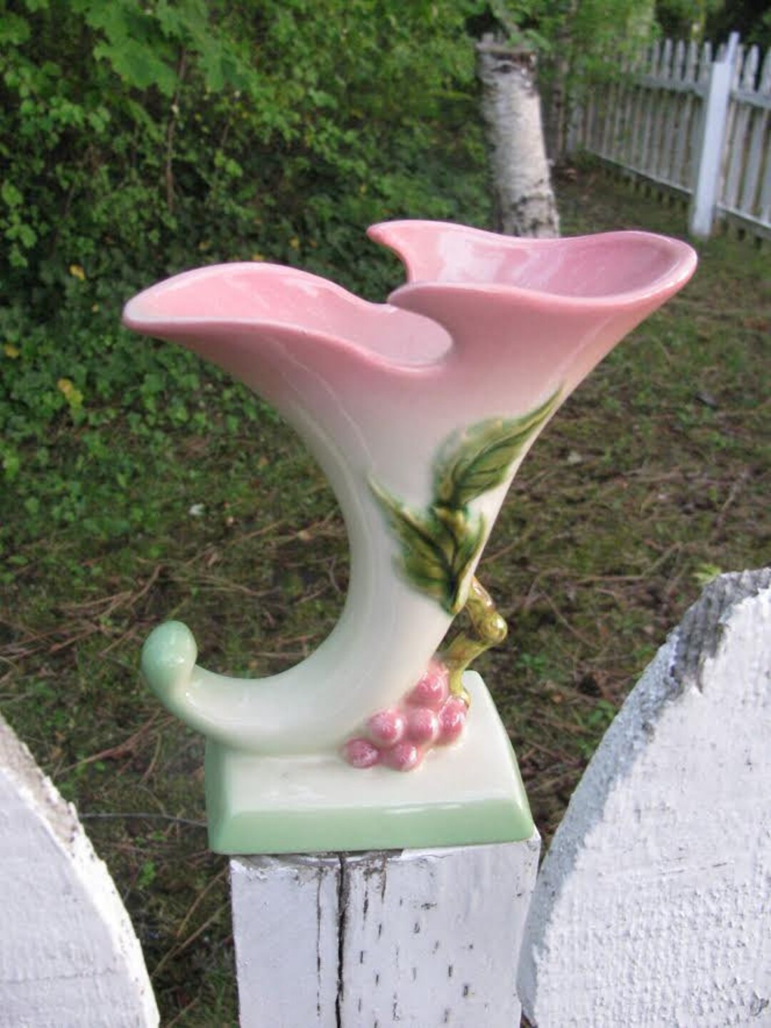 Hull Tokay Pink Grapes Pink Green Pottery Cornucopia Footed Vase ...