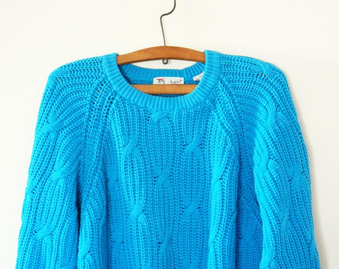 Bright Blue Chunky Knit Sweater / Unisex Vintage Cable Knit Sweater ...