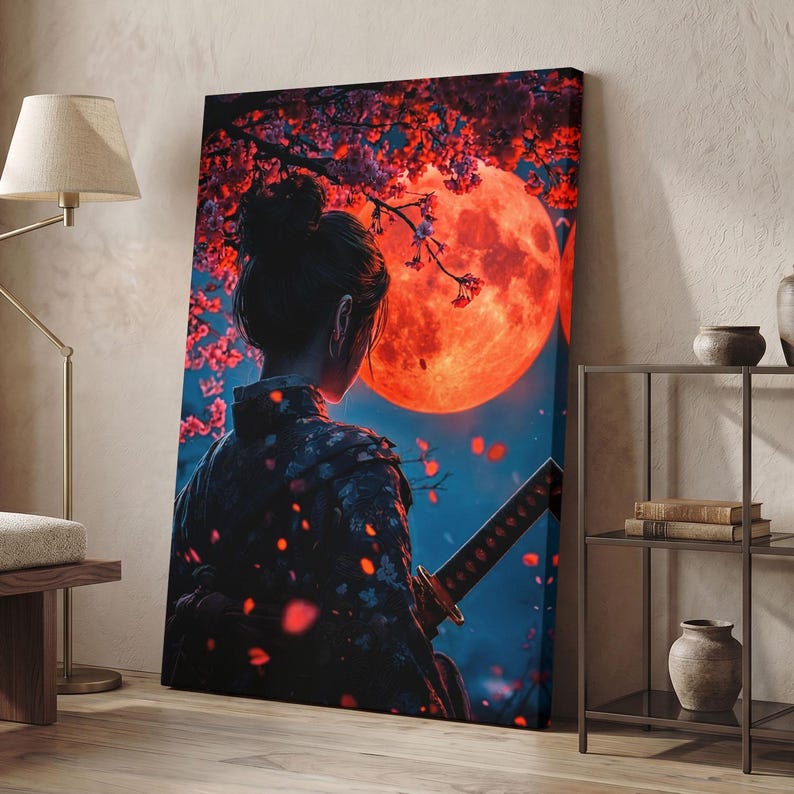 Samurai Girl Canvas Print, Japanese Wall Art, Blood Moon Poster, Anime ...